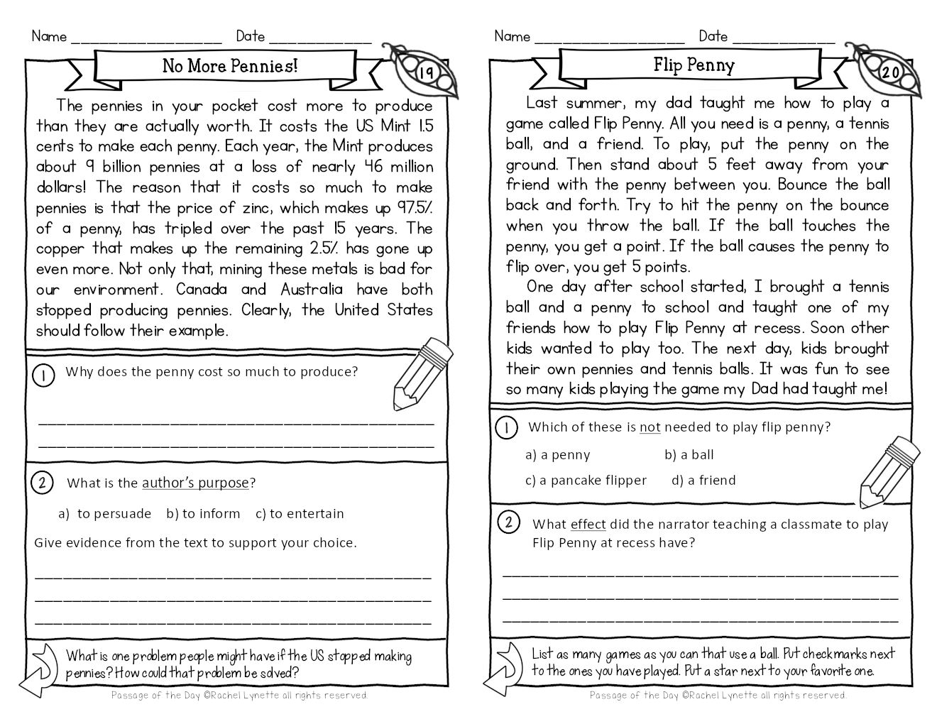 6 Quick Reading Passages - #19-24 - Minds in Bloom Unlimited