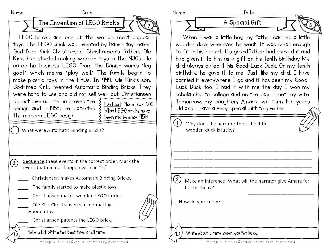 6 Quick Reading Passages - #7-12 - Minds in Bloom Unlimited