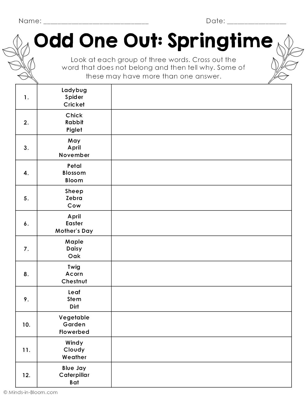 Spring Odd One Out Worksheet for Grades 3-5 | Printable Worksheet