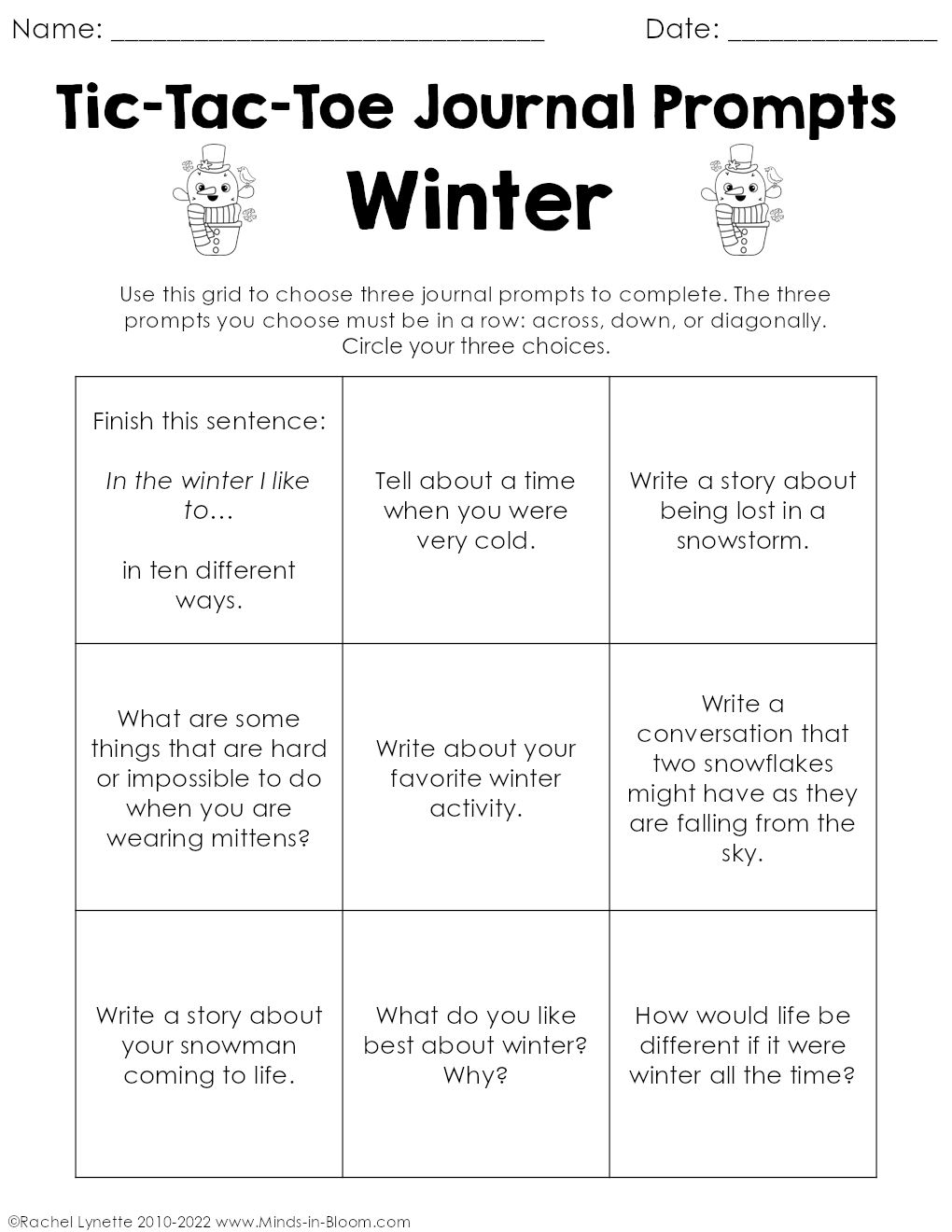 Holiday Tic-Tac-Toe Journal Writing Prompts - Winter - Minds in Bloom ...