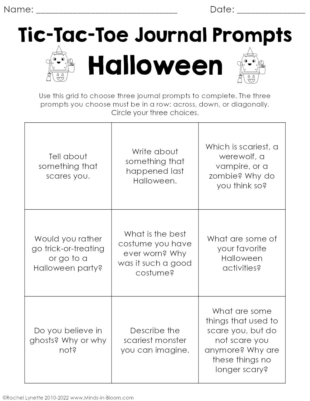 Holiday Tic-Tac-Toe Journal Writing Prompts - Halloween - Minds in ...