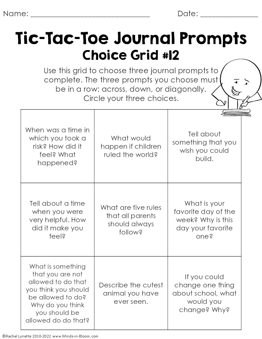 Tic-Tac-Toe Writing Journal Prompts - Choice Board #12 - Minds in Bloom ...