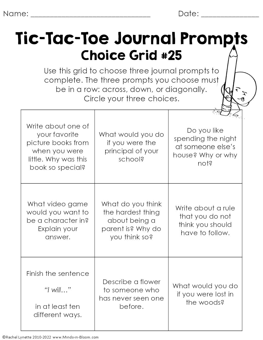 Tic-Tac-Toe Writing Journal Prompts - Choice Board #25 - Minds in Bloom ...