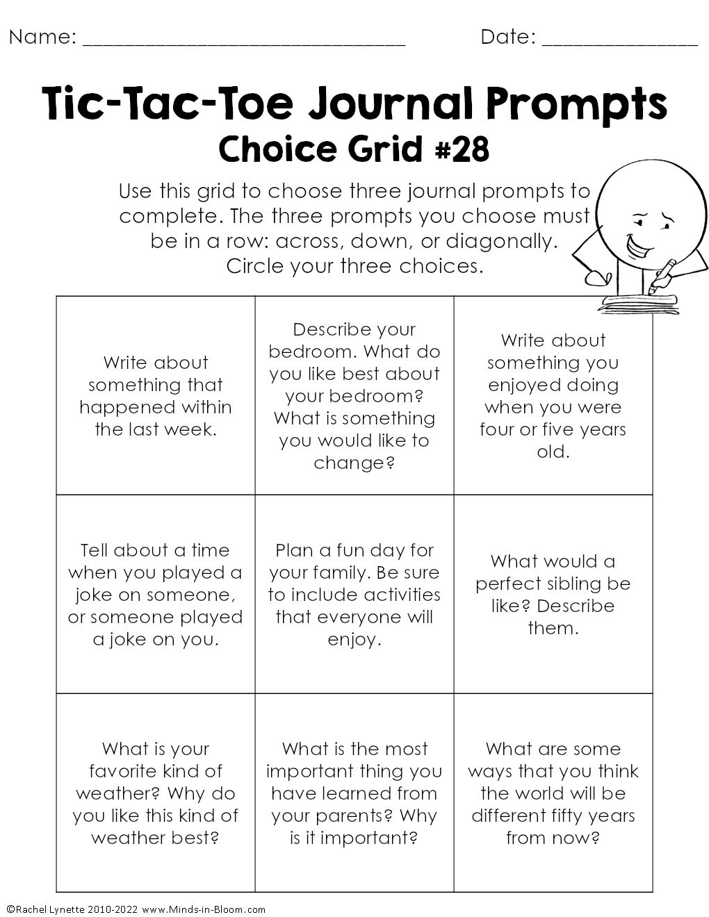Tic-Tac-Toe Writing Journal Prompts - Choice Board #28 - Minds in Bloom ...