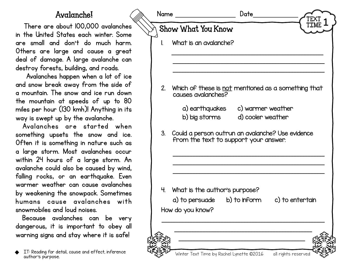 Winter Reading Passage - Avalanche - Informational Text (nonfiction ...