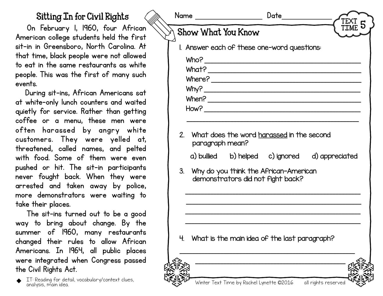 Winter Reading Paired Passages - Sitting in for Civil Rights & Sit-In ...