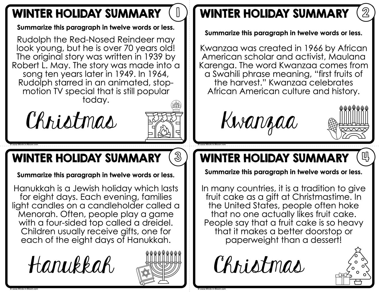 Winter Holiday Summarizing Task Cards - B&W - Minds in Bloom Unlimited