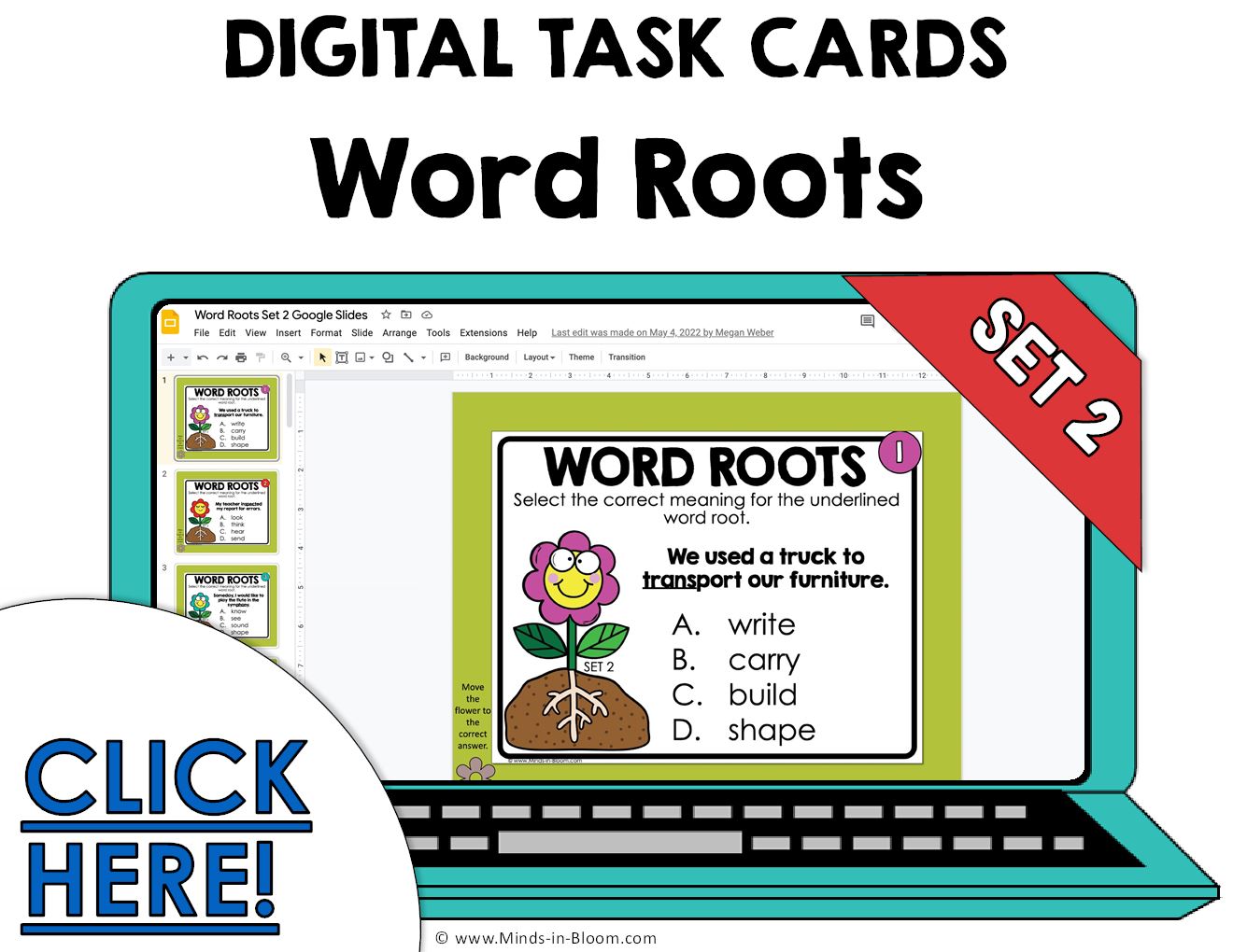 Google Slides - Root Words Task Cards - Set 2 - Minds in Bloom Unlimited