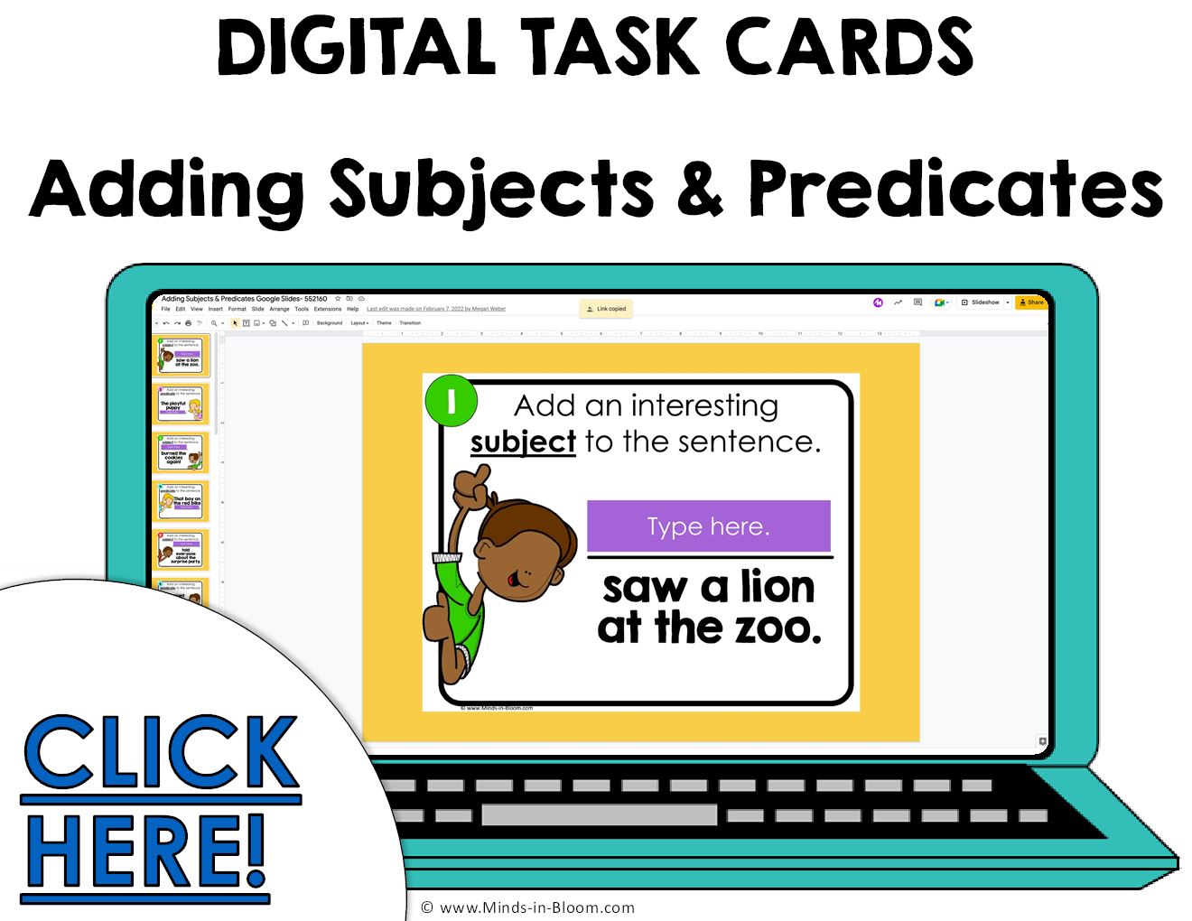 Google Slides - Adding Subjects & Predicates Writing Task Cards - Minds ...