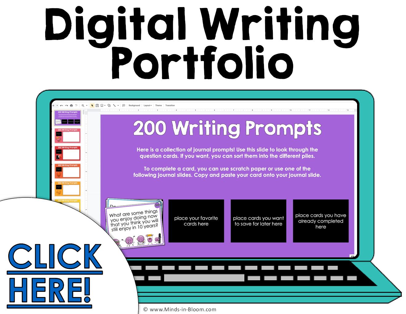 Google Slides - Digital Writing Portfolio with 200 prompt Cards - Minds ...