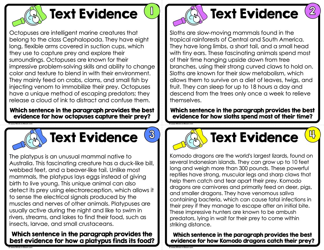 Answering Questions with Text Evidence - Task Cards - Color - Minds in ...