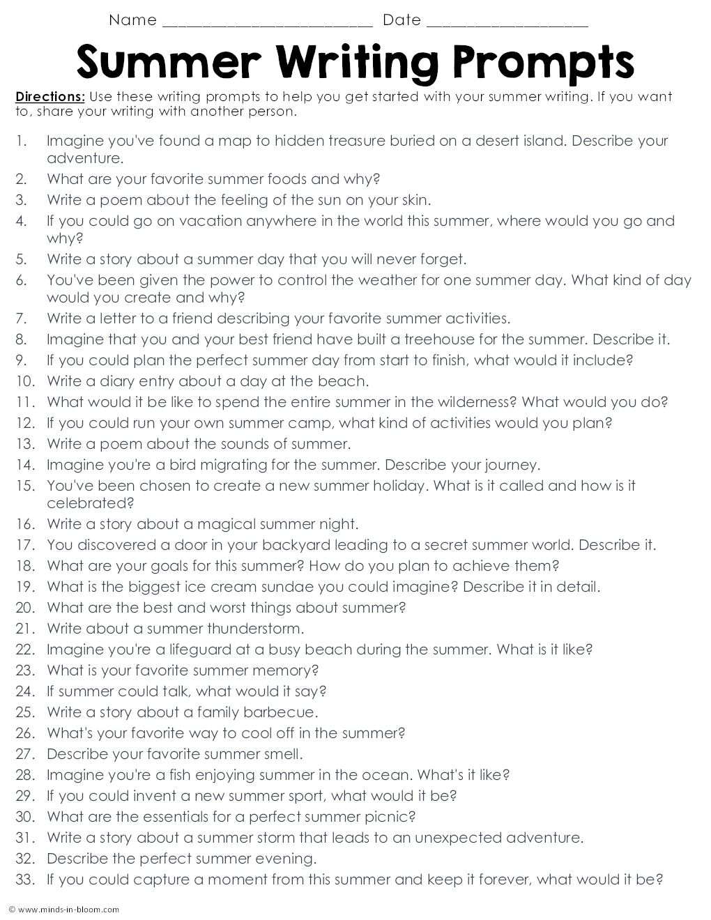 Summer - Summer Writing Prompts - Minds in Bloom Unlimited