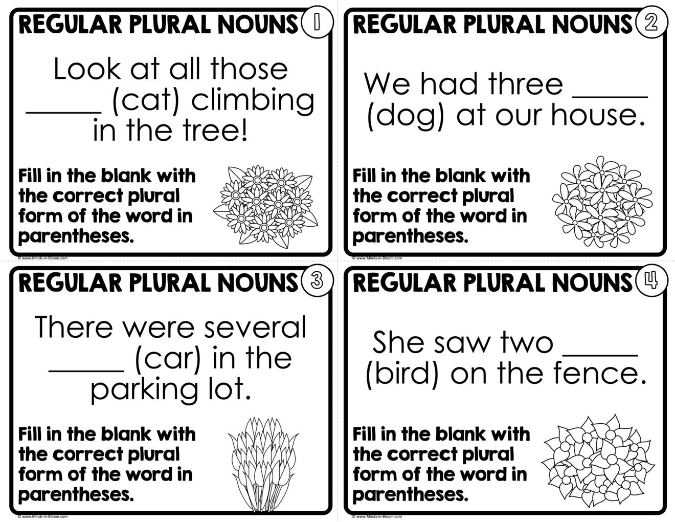 Regular Plural Nouns Task Cards - Black & White - Minds in Bloom Unlimited