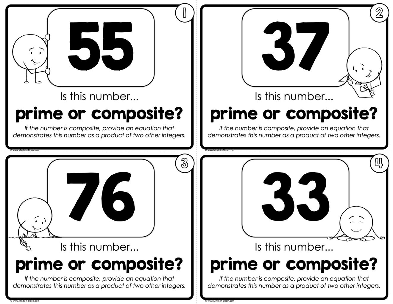 Prime and Composite Numbers - Task Cards - B&W - Minds in Bloom Unlimited