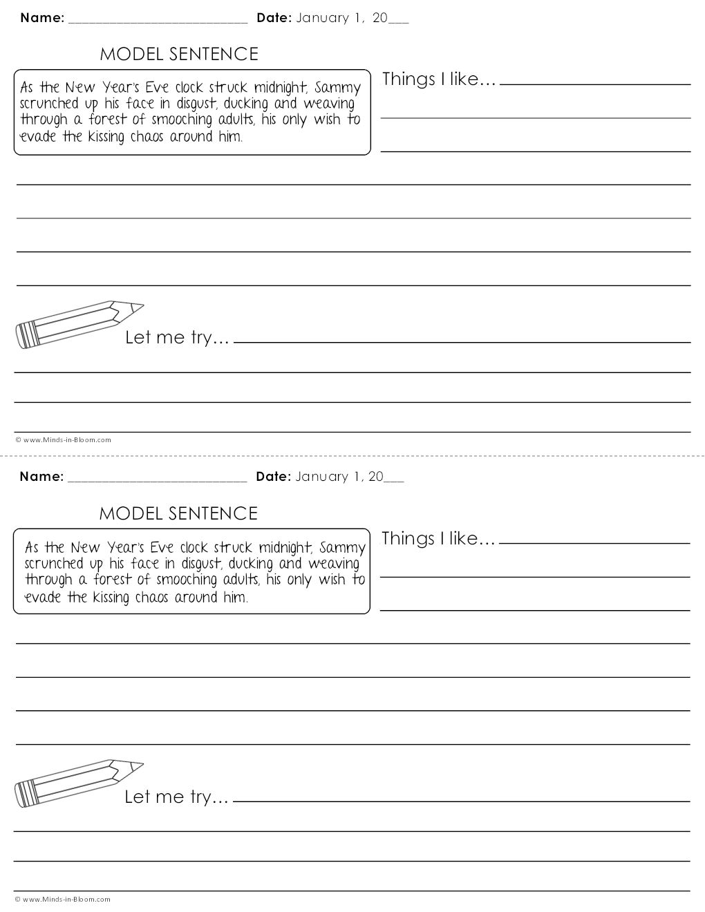 Student Recording Sheets - January Mentor Model Sentences for writing ...