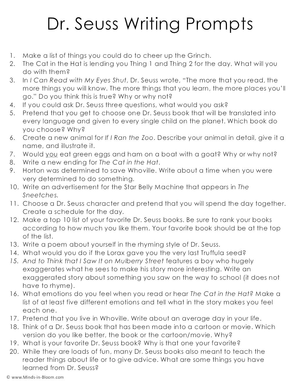 Read Across America - Dr. Seuss Writing Prompts - Minds in Bloom Unlimited