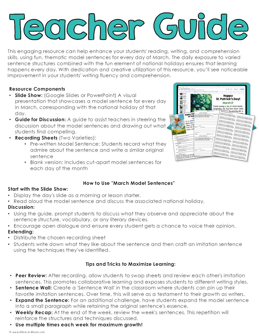 March Sentence Model | Printable Resource for 3-5 Grade Writing