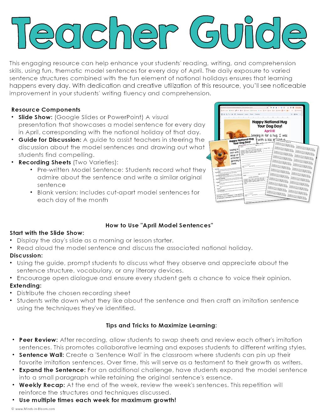 April Model Sentences for Grades 3-5 | Spring Printable Resource