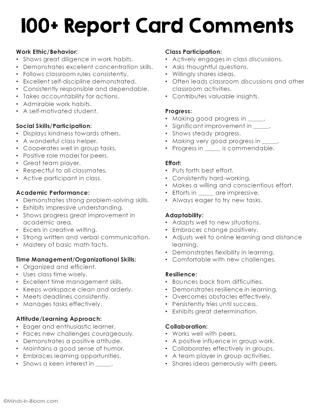 Report Card Comments (plus digital version to copy, paste, and edit ...