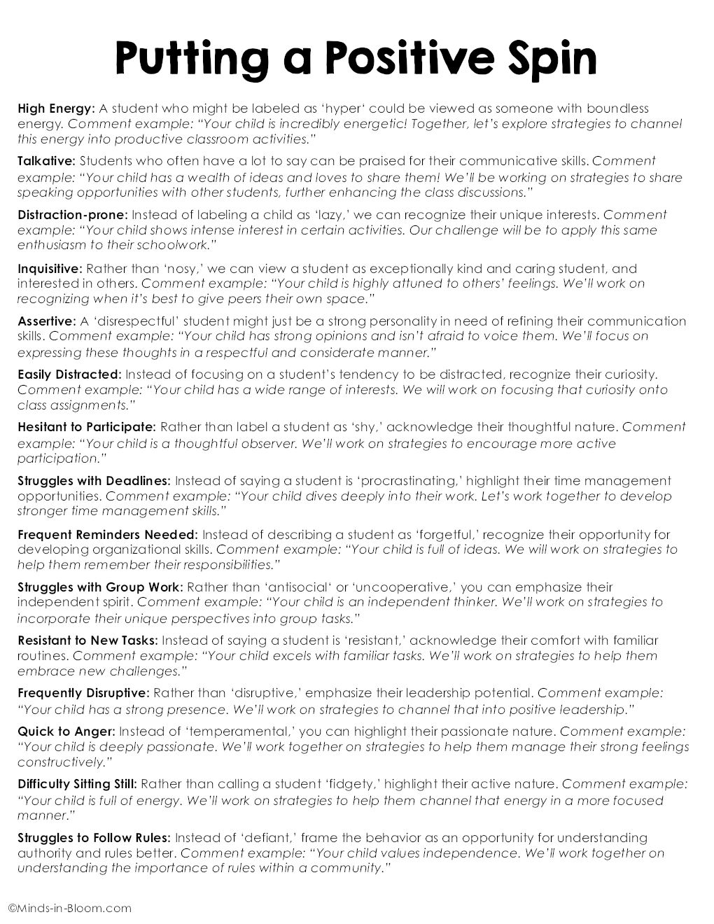Putting a Positive Spin on It! Report Card Comments - Minds in Bloom ...