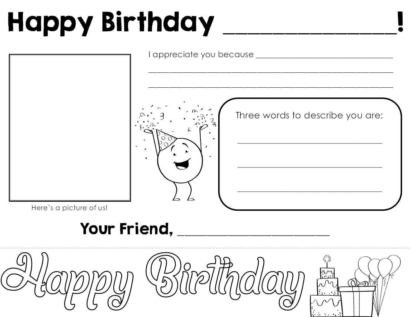 Printable Birthday Card - From a friend - Includes a birthday bookmark ...