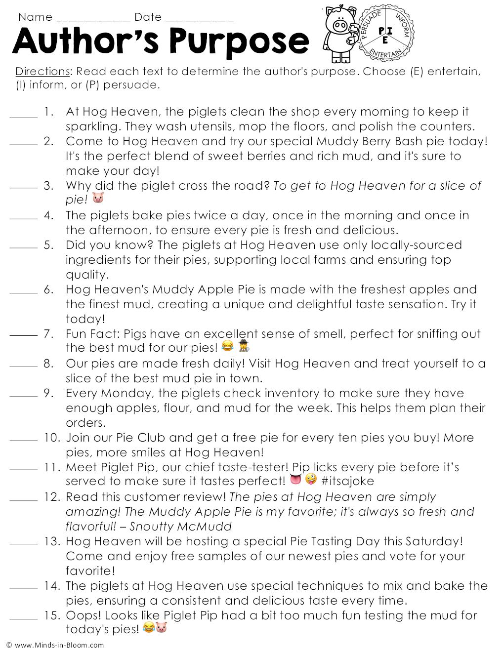 Author Purpose Identification Worksheet | Grade 3-5 Reading Strategies