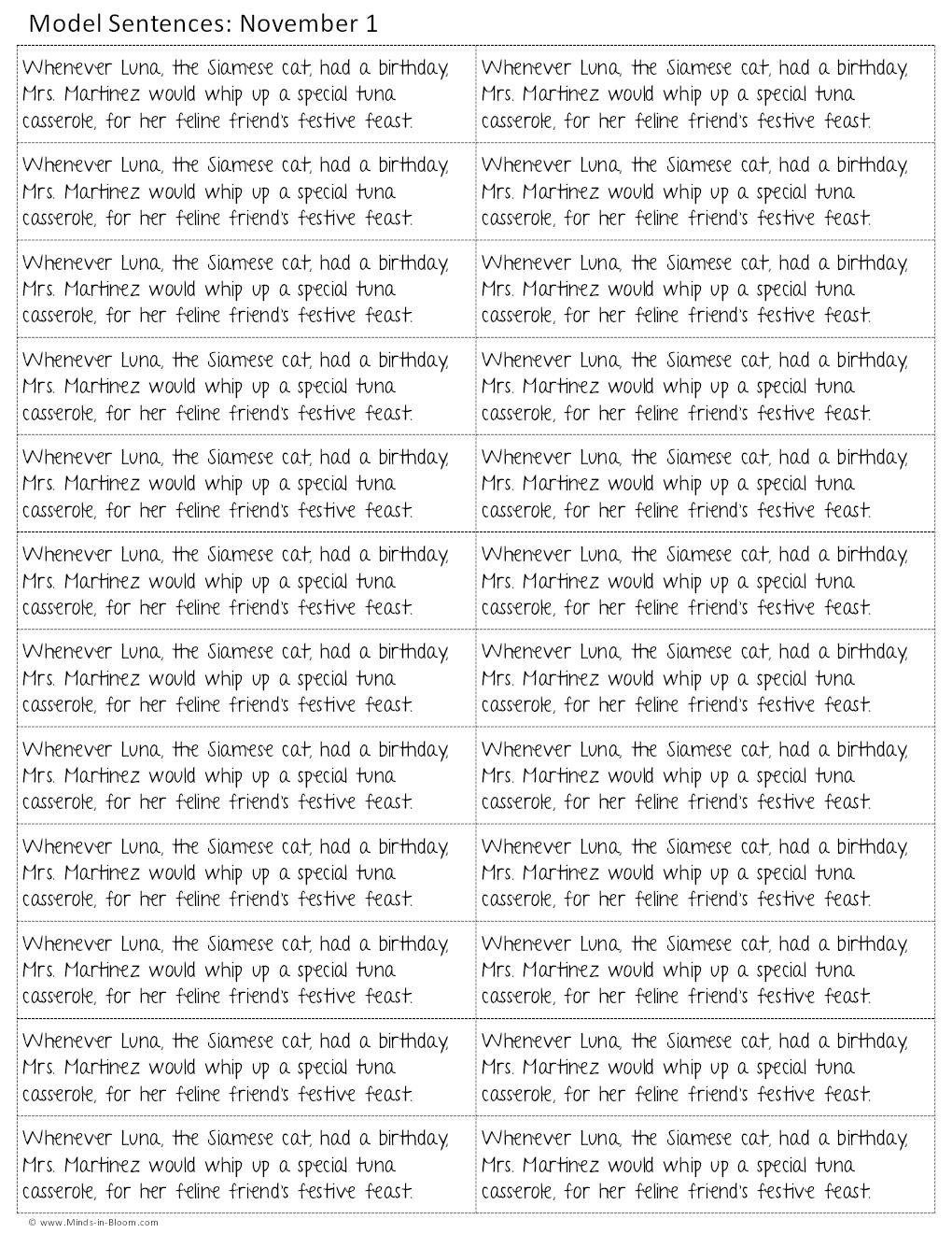 November Sudent Cut-Apart (great for pasting into notebooks) Sentences ...