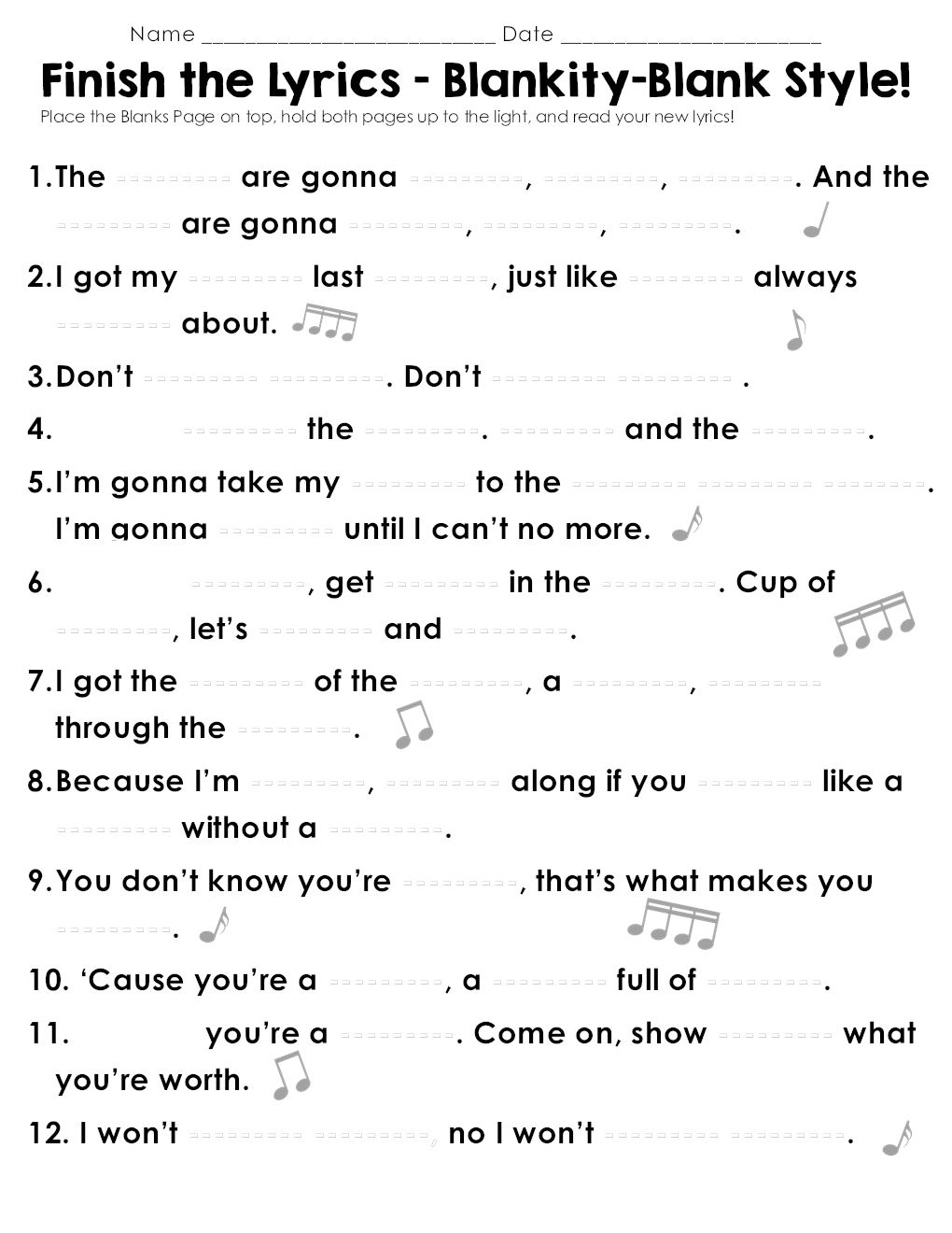 Finish the Lyrics like Mad Libs Worksheet - Minds in Bloom Unlimited