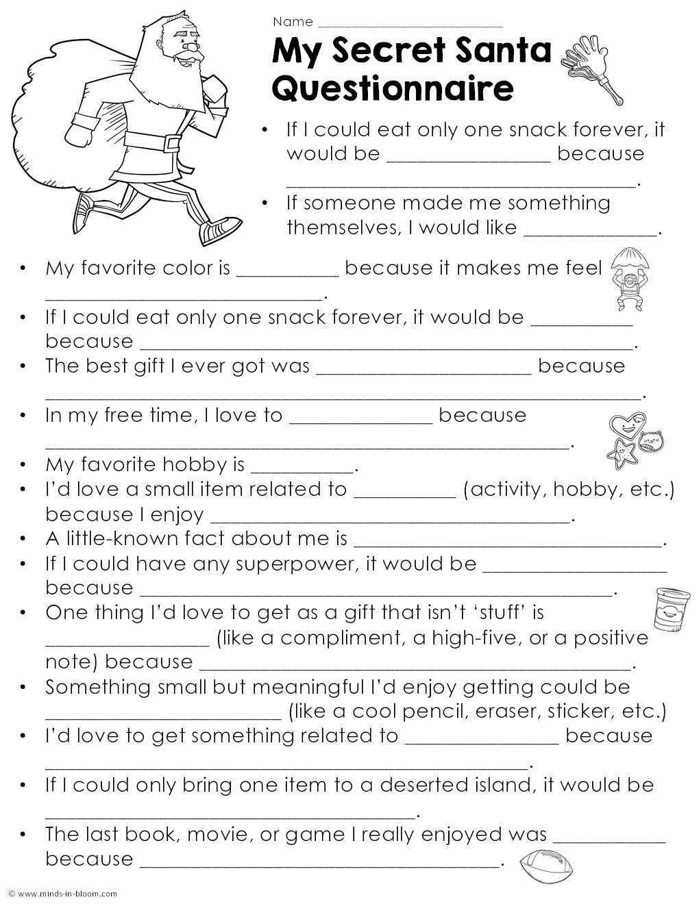 Secret Santa Questionnaire for Christmas Gifts - Minds in Bloom Unlimited