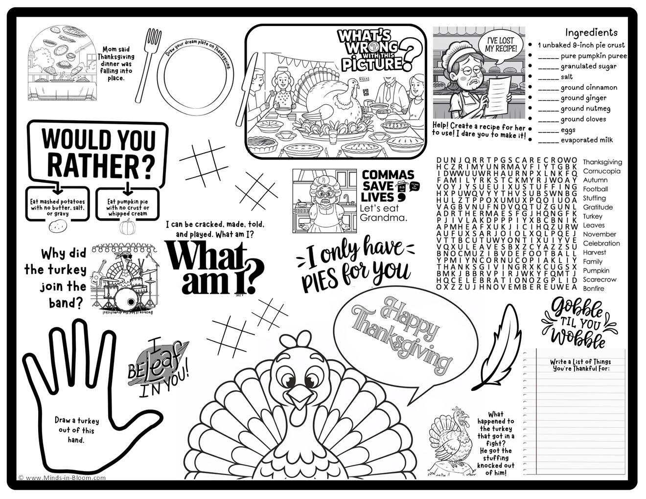 Thanksgiving Placemat Coloring Activity - Minds in Bloom Unlimited