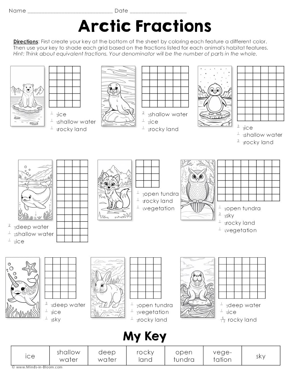 Shade equivalent fraction on a grid - Arctic Animals - Minds in Bloom ...