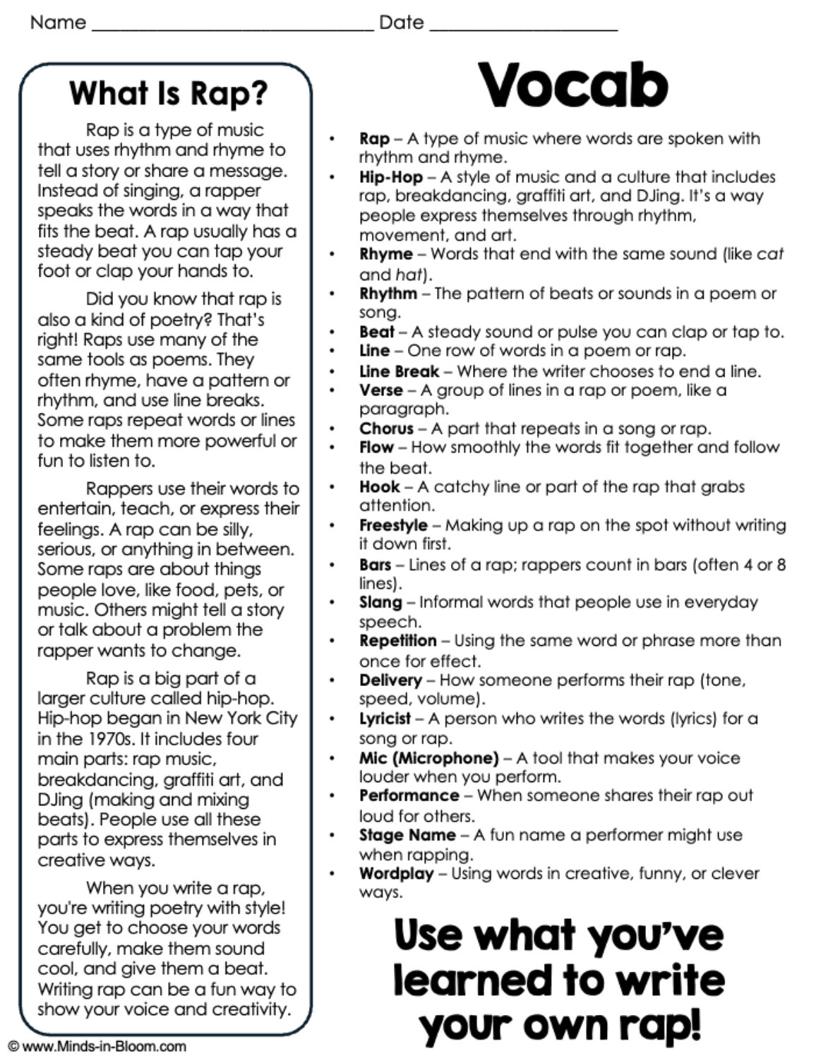 Rap Poetry Comprehension Worksheet | Grades 3-5 Spring Printable