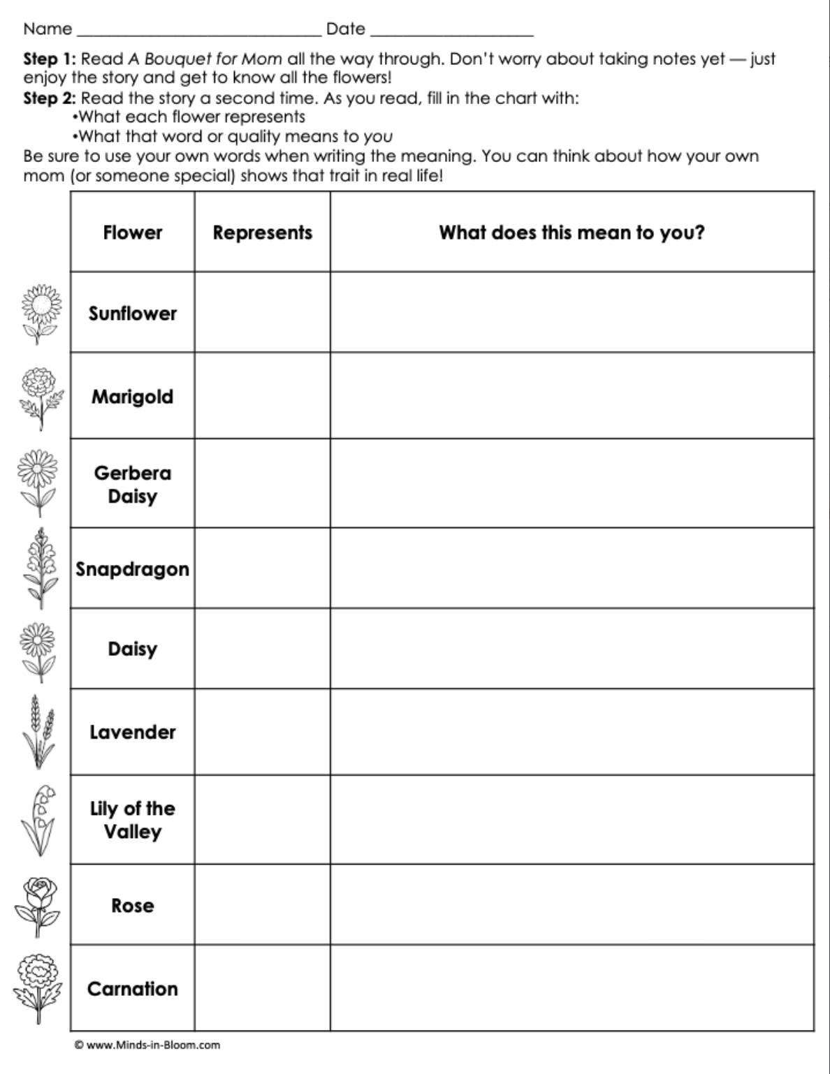 Flower Symbolism Worksheet Printable for Grades 3-5
