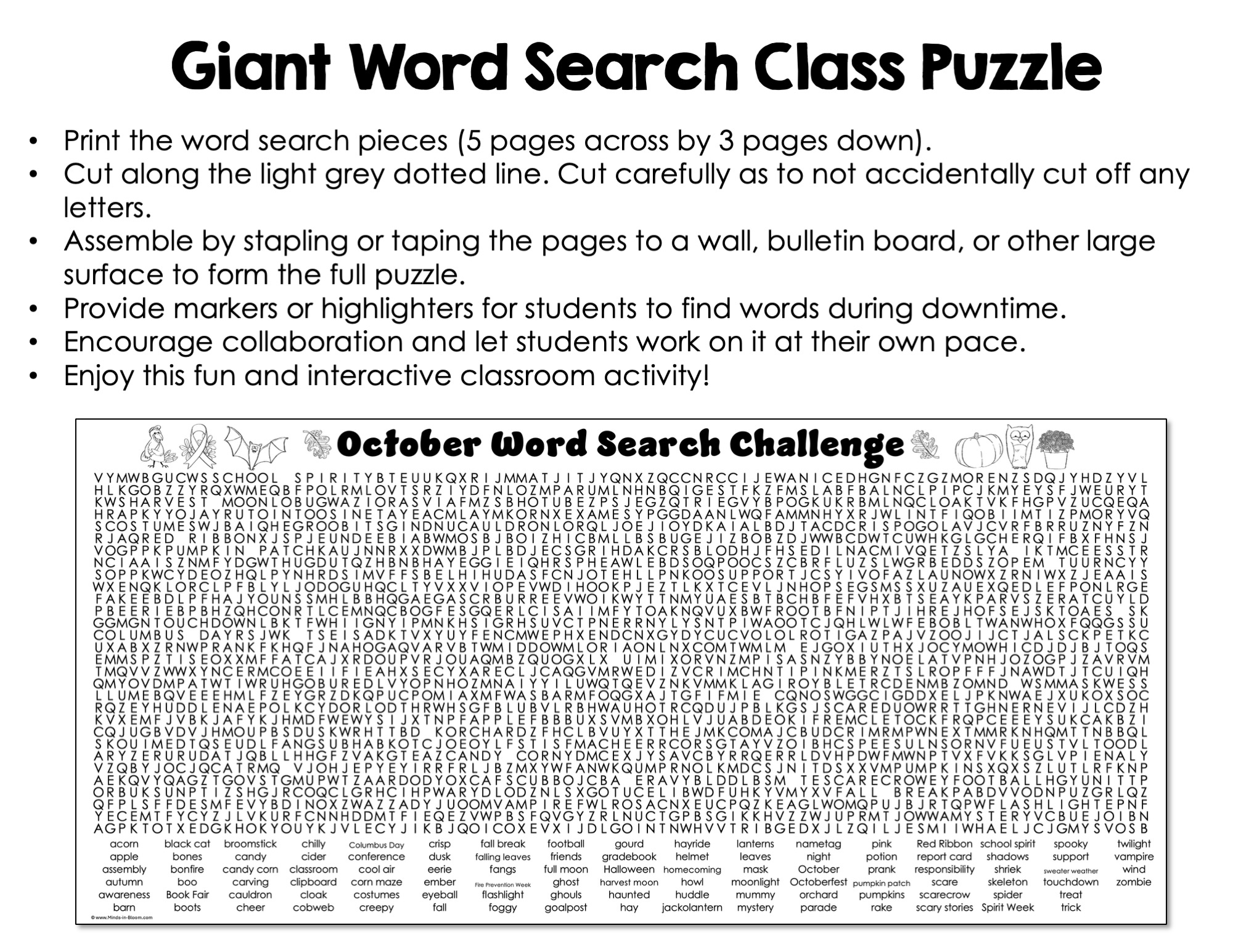 Fall Giant Wordsearch - Class Collaborative Puzzle - Great for October ...