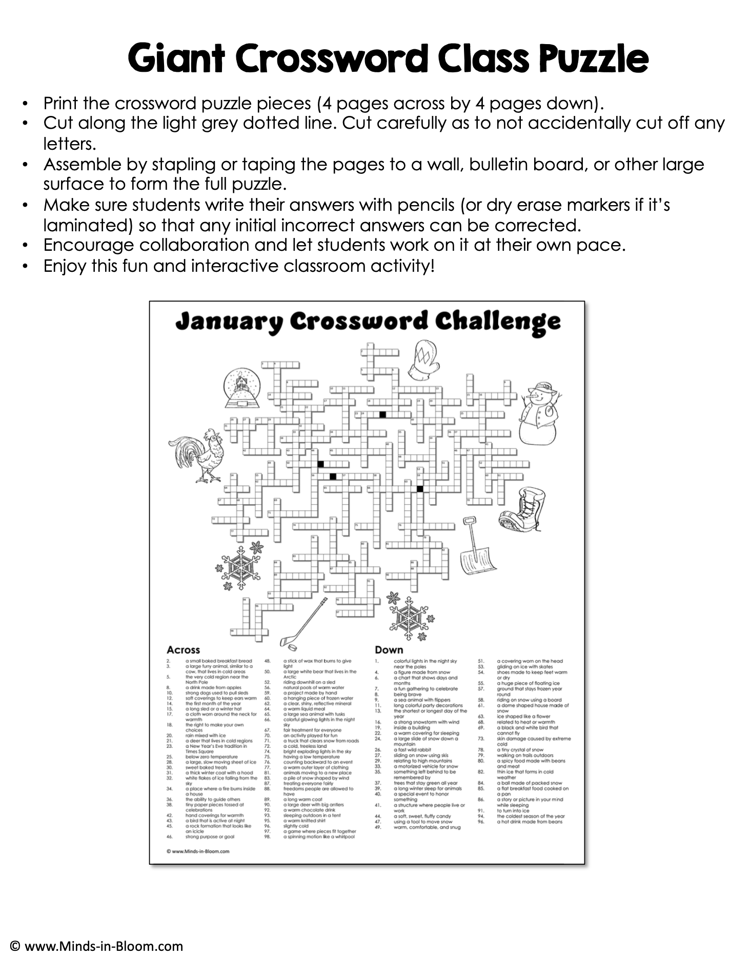 January Giant Crossword Puzzle Winter Classroom Challenge Game New Year ...