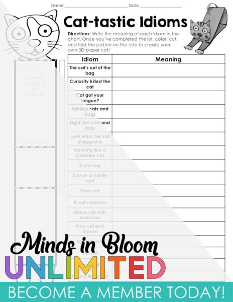 Cat Idioms Figurative Language Worksheets and 3D Craft Activities ...