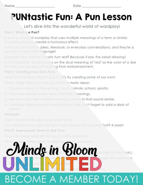 Puns Lesson - Teach students to write puns! Figurative Language - Minds ...