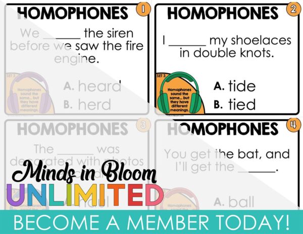 Homophones Task Cards - Set 3 - COLOR - Minds in Bloom Unlimited