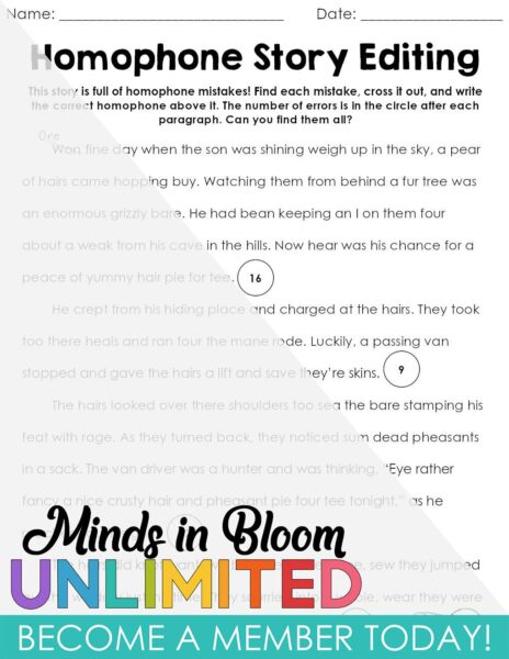 Homophone Practice Sheet - Homophone Story Editing - Minds in Bloom ...