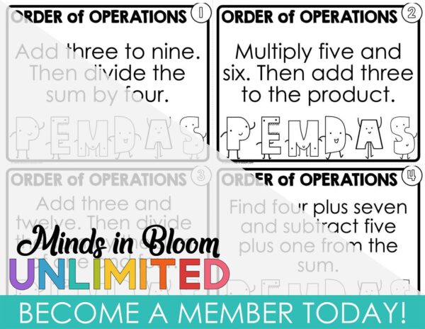 PEMDAS - Order of Operations - Task Cards - B&W - Minds in Bloom Unlimited