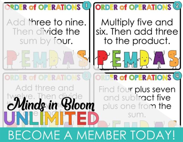 PEMDAS - Order of Operations - Task Cards - COLOR - Minds in Bloom ...