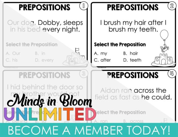Prepositions - Find the Preposition Task Cards - B&W - Minds in Bloom ...