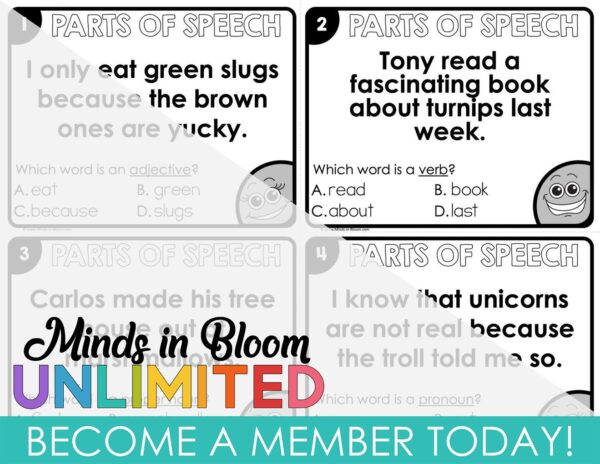 Parts of Speech - Silly Sentences Task Cards - B&W - Minds in Bloom ...
