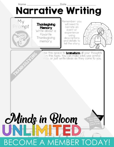 Thanksgiving Memory Narrative Printable Worksheet for Grades 3-5