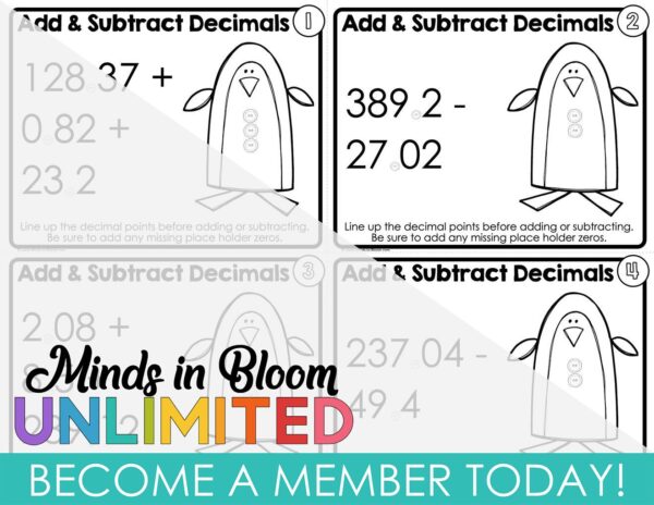 Adding and Subtracting Decimals - Task Cards - Black & White - Minds in ...