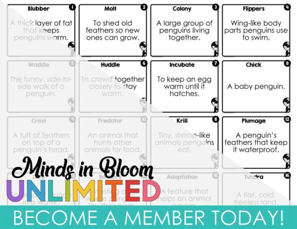 Winter Penguin Vocabulary Words - Mini Cards - Minds in Bloom Unlimited