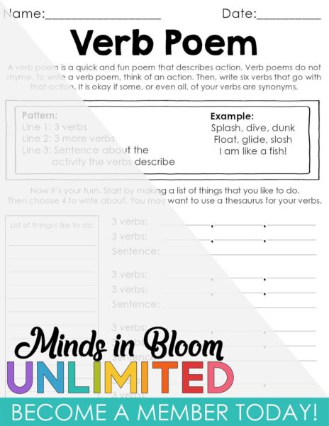 Action Verb Poetry Worksheets | Grade 3-5 Printable Resource