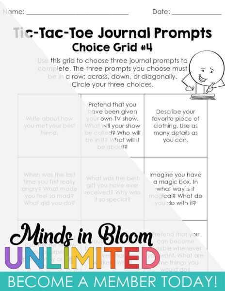 Tic-Tac-Toe Writing Journal Prompts - Choice Board #4 - Minds in Bloom ...